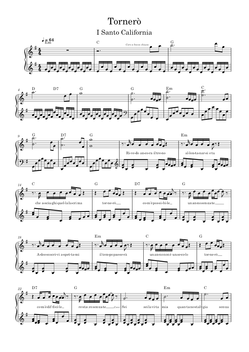 Tornerò – I Santo California Sheet Music for Piano (Solo) | MuseScore.com