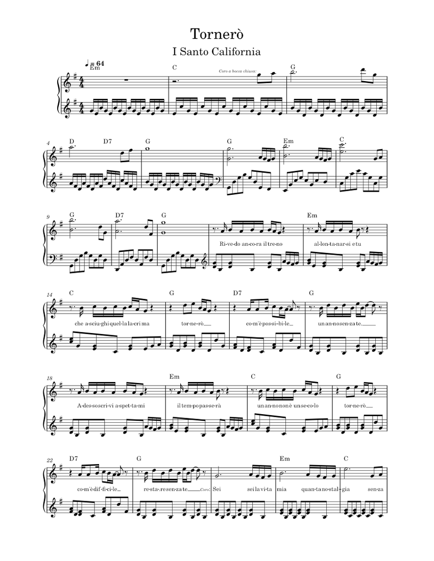 Tornerò – I Santo California Sheet music for Piano (Solo) | Musescore.com