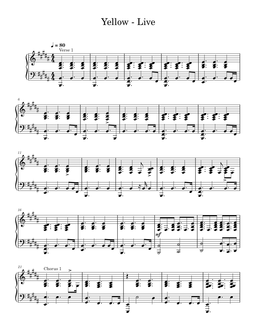 Yellow – Coldplay (Live Version) Sheet Music for Piano (Solo ...