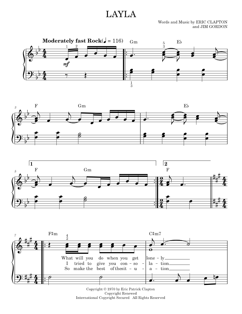 layla Sheet music for Piano by Derek and the Dominos Official ...