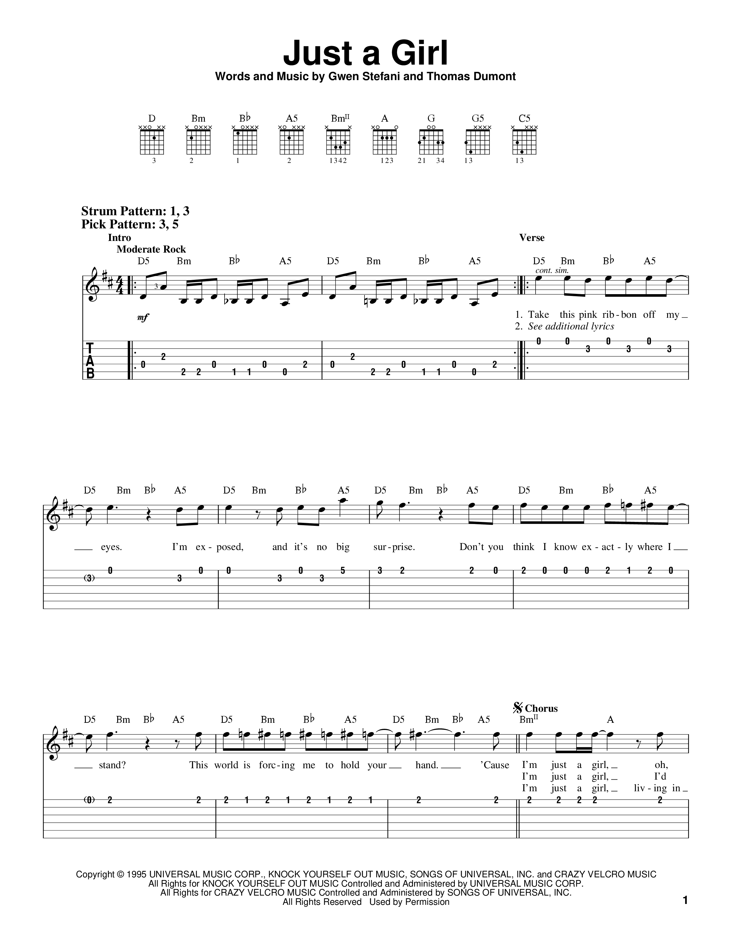 Play Official version of Just a girl Sheet Music by No Doubt for Guitar ...