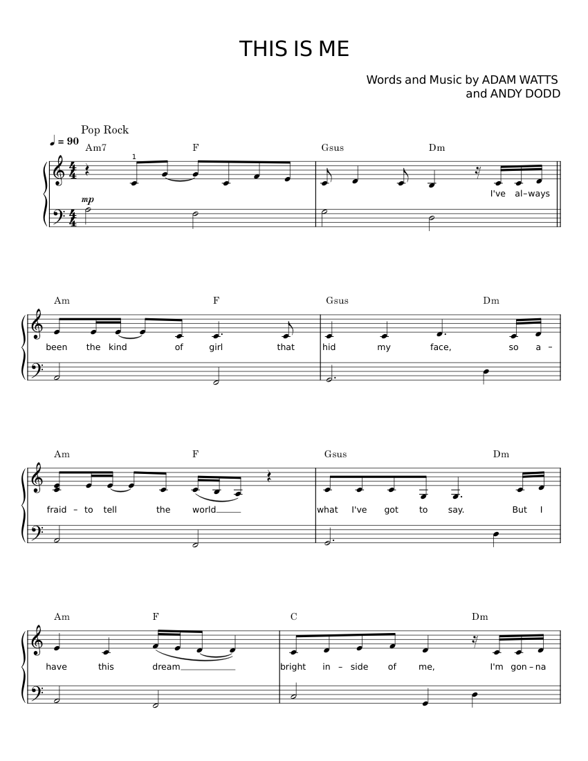 THIS IS ME - ADAM WATTS Sheet Music with Chords for Piano (Solo) Easy ...