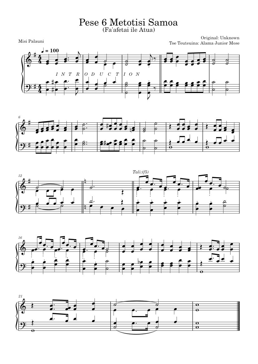 Pese 6 Metotisi Samoa Sheet Music for Piano (Church Choir) | MuseScore.com