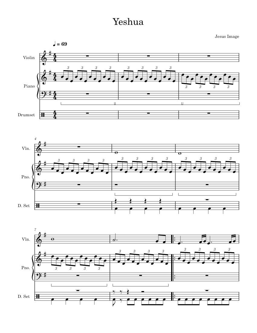 Yeshua violin - key of G Sheet Music for Piano, Violin, Drum group ...