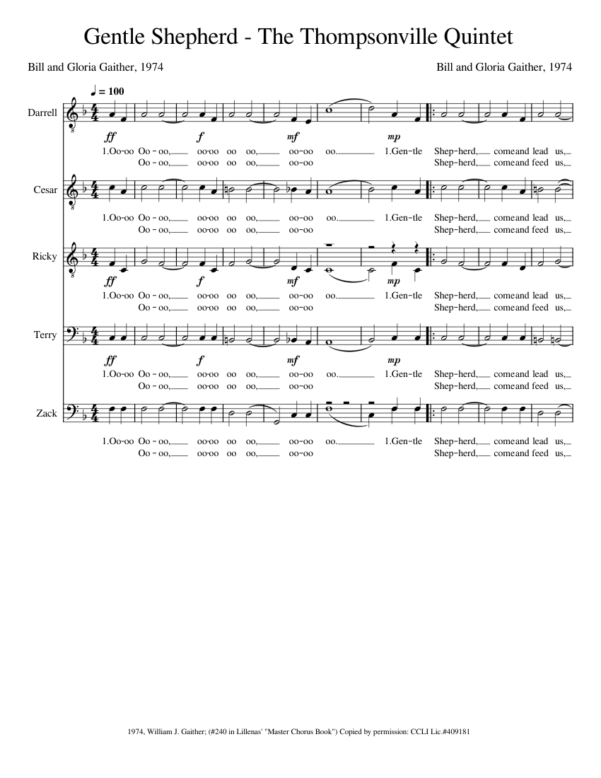 Gentle Shepherd – 5 Part Harmony Sheet Music with Chords for ...