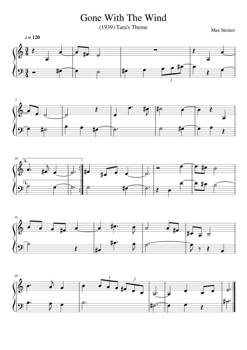 Main Theme - Gone With The Wind – Max Steiner Sheet Music for Piano (Solo) Easy | MuseScore.com