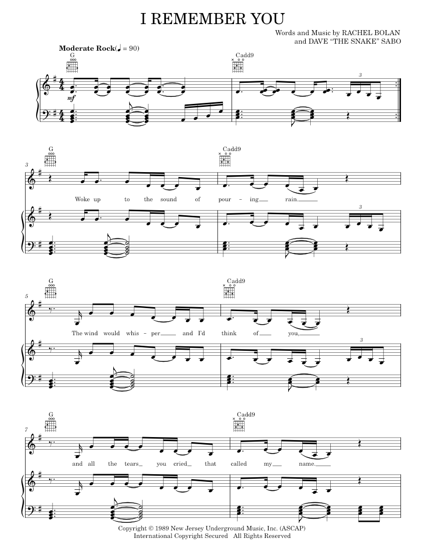 i remember you Sheet music for Piano, Vocals by Skid Row: Music Notes ...