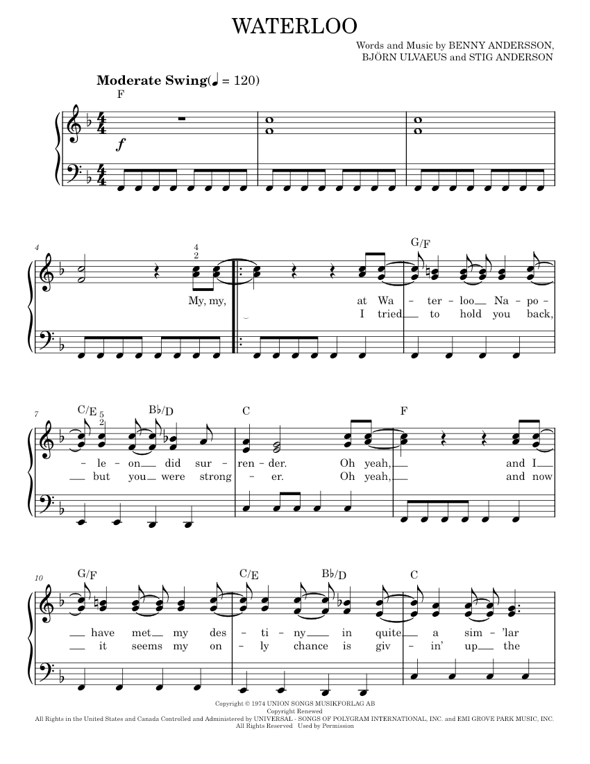 Play Official version of Waterloo Sheet Music by ABBA for Piano ...