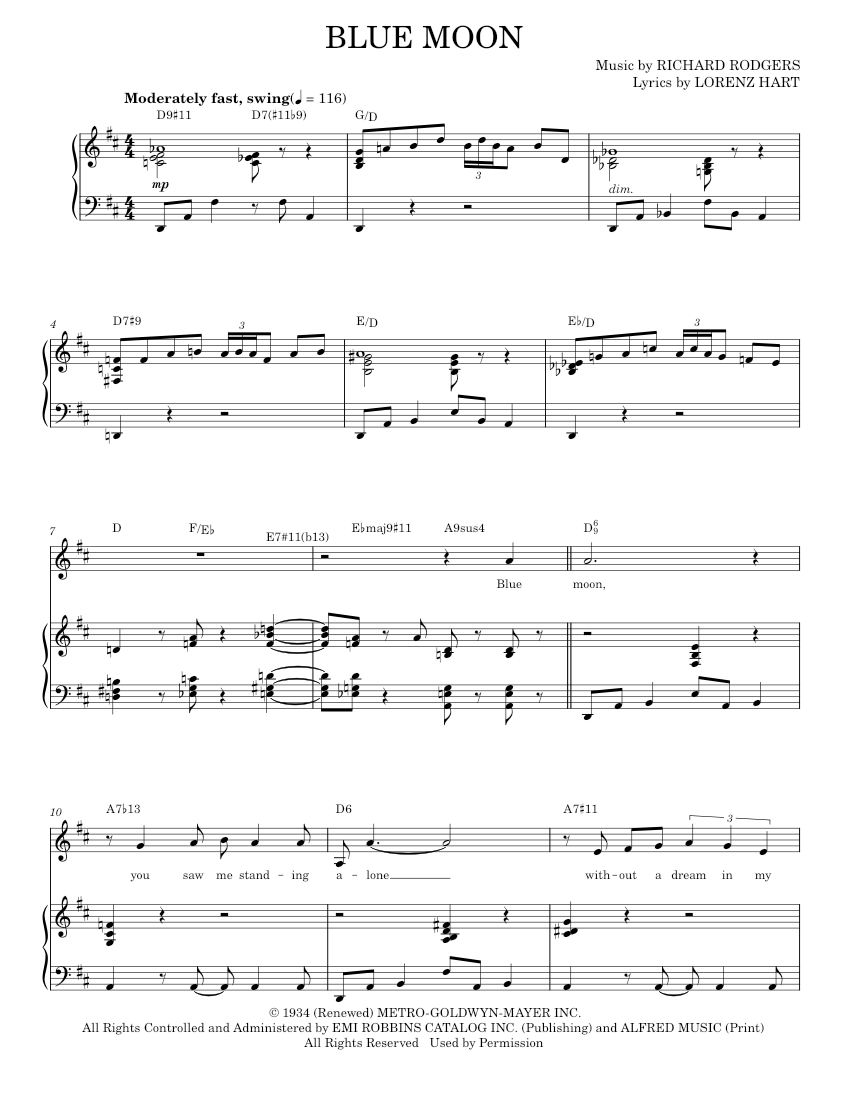 blue moon Sheet music for Piano, Vocals by The Marcels Official ...