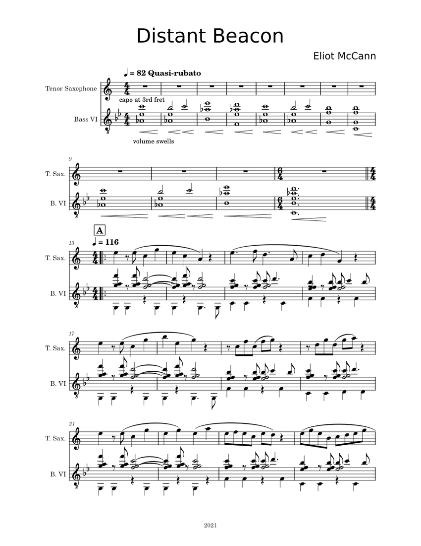 Distant Beacon Sheet music for Saxophone tenor, Bass guitar (Mixed Trio ...