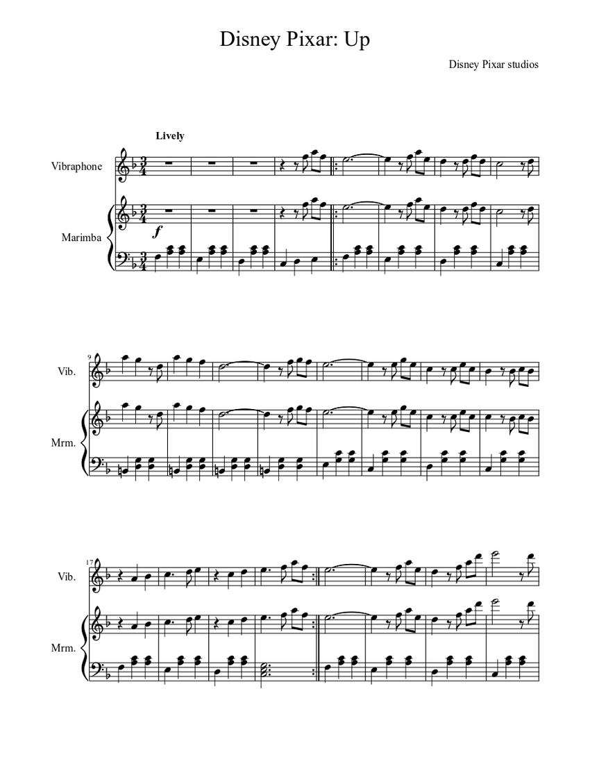 Disney Pixar: Up Sheet music for Vibraphone, Marimba (Percussion Duet ...
