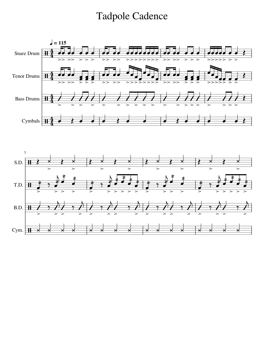 Tadpole_Cadence Sheet Music for Snare drum, Crash, Tenor drum, Bass ...