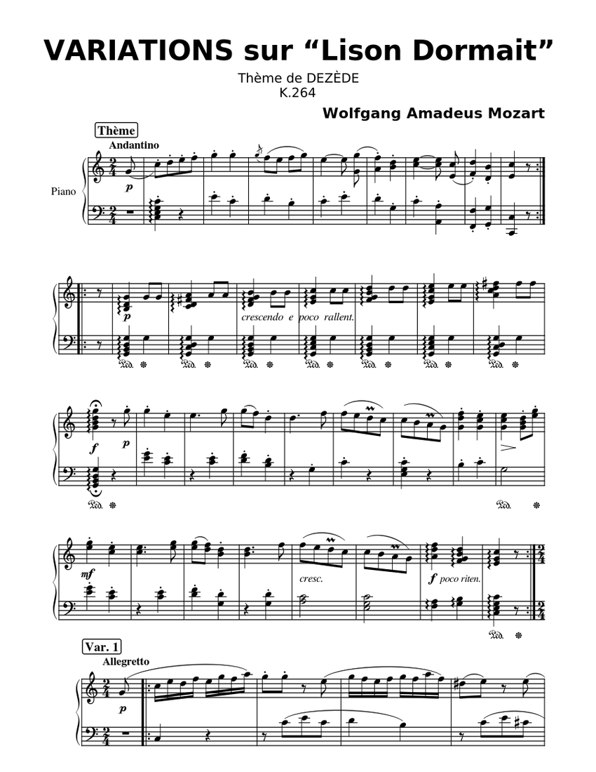 VARIATIONS on “Lison Dormait” – Wolfgang Amadeus Mozart Sheet music for ...