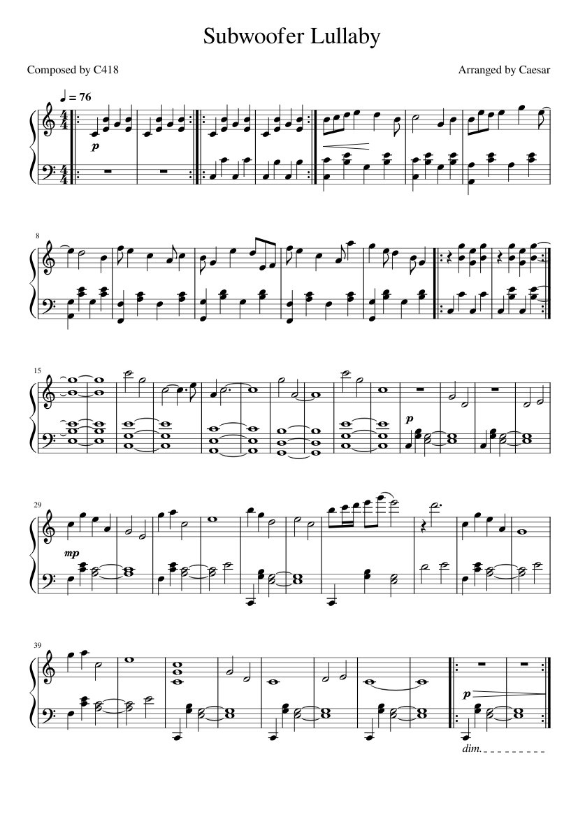 Subwoofer Lullaby Sheet Music for Piano (Solo) Easy | MuseScore.com