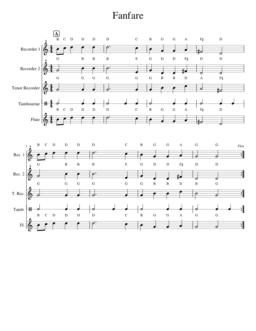 Fanfare by Susato Sheet music for Tambourine, Flute, Recorder (Mixed ...