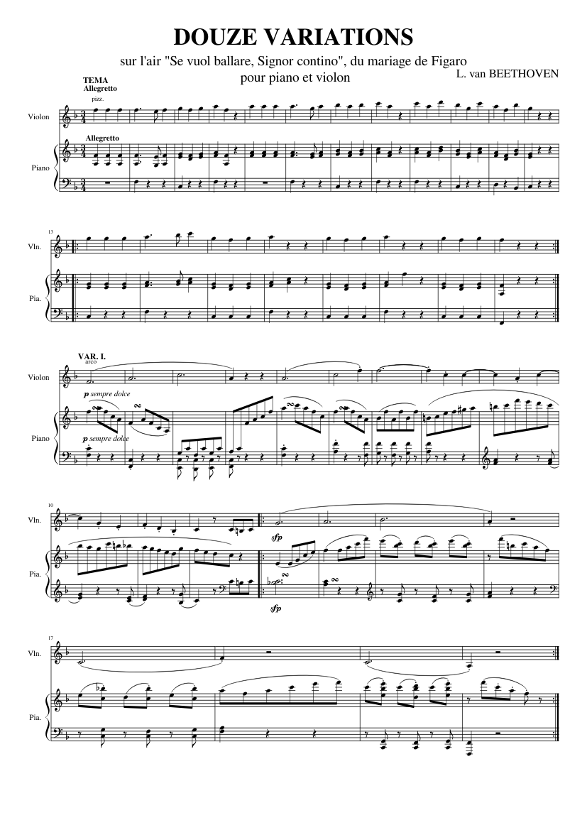 Douze variations sur "Se vuol ballare, Signor contino", Beethoven Sheet ...