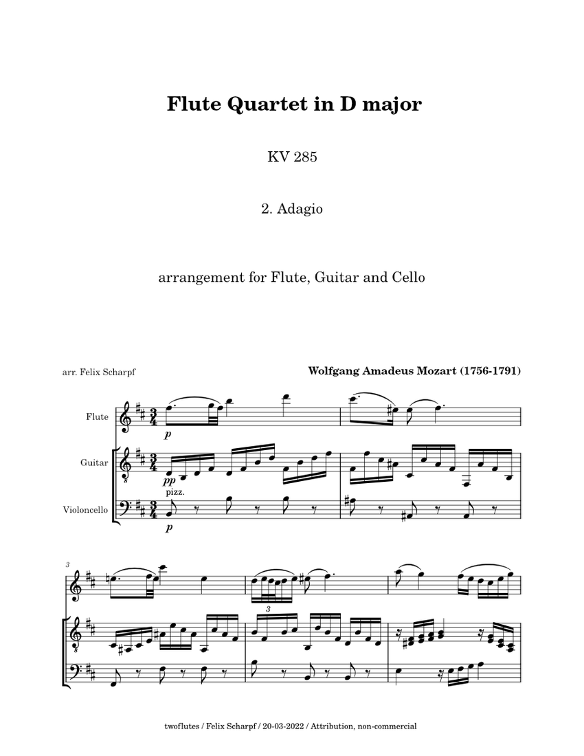 Flute Quartet in D major - 2. Adagio - KV 285 - W. A. Mozart - arr. for ...