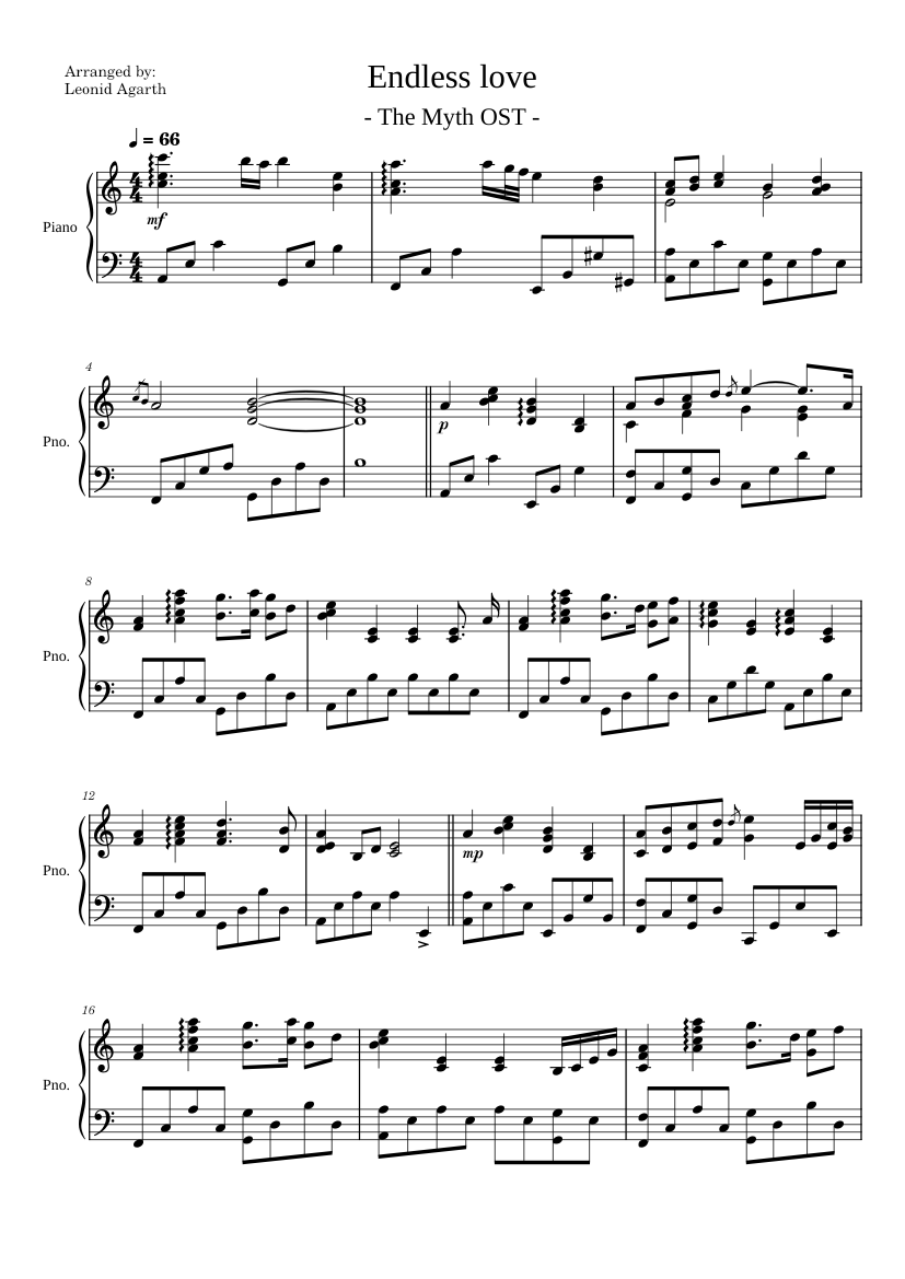 Endless love (The Myth OST) – Jackie Chan Sheet Music for Piano (Solo ...