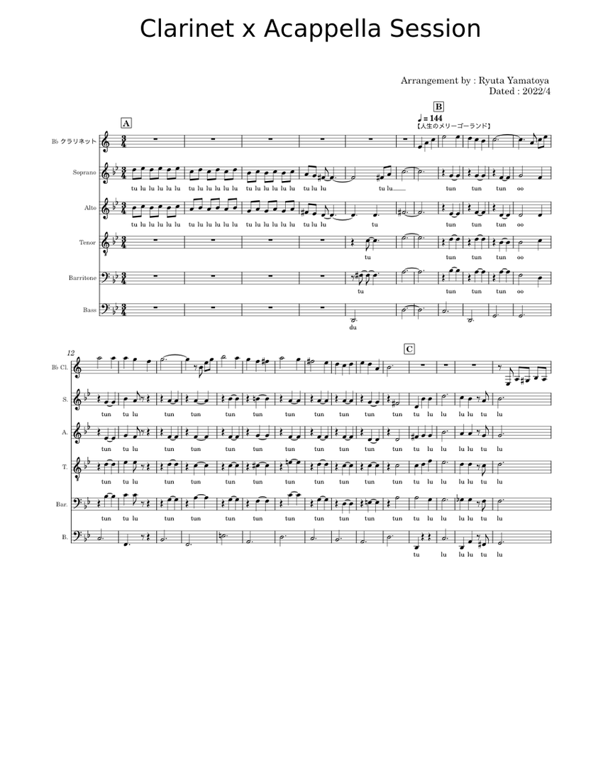 Clarinet x Acappella Session SATBB Sheet music for Soprano, Alto, Tenor ...