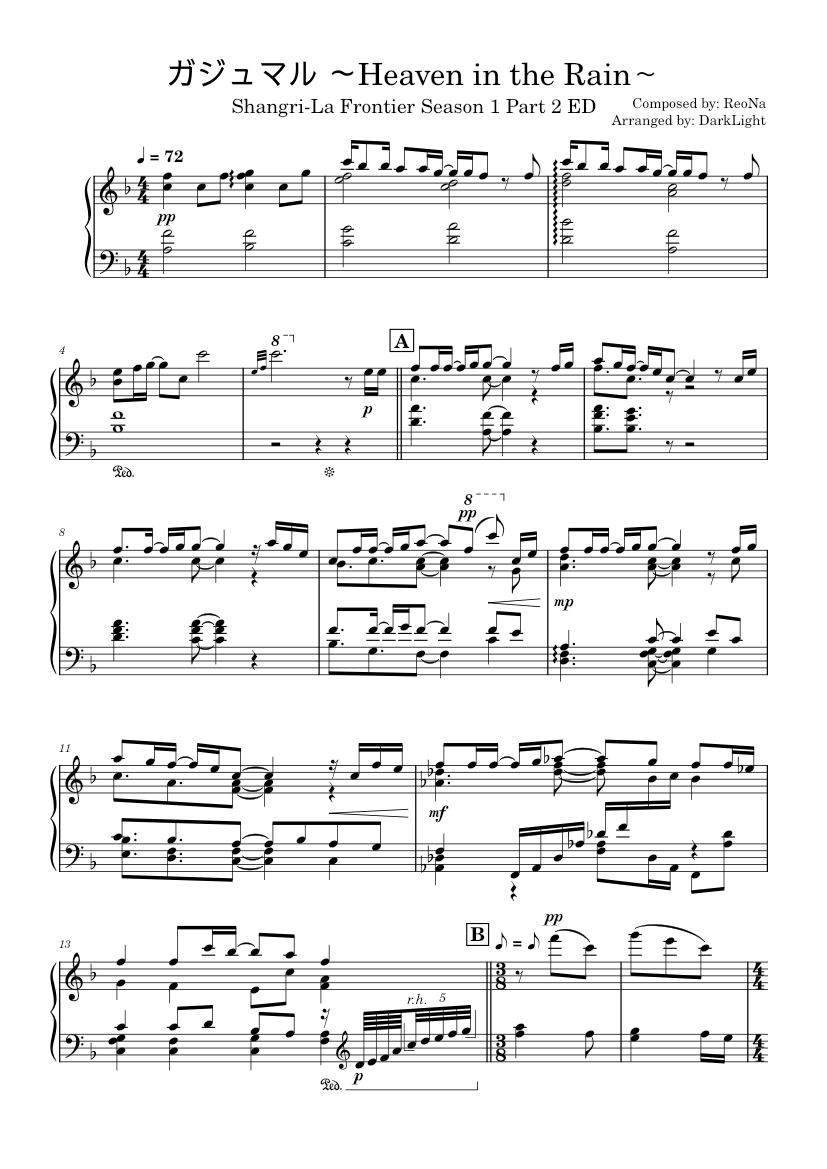 Heaven in the Rain – ReoNa (Shangri-La Frontier Season 1 Part 2 ED) Sheet Music for Piano (Solo ...
