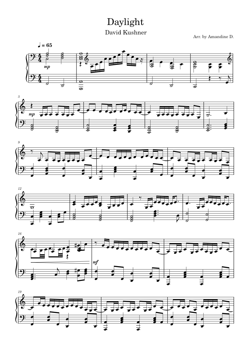 Daylight – David Kushner Daylight Sheet Music for Piano (Solo ...