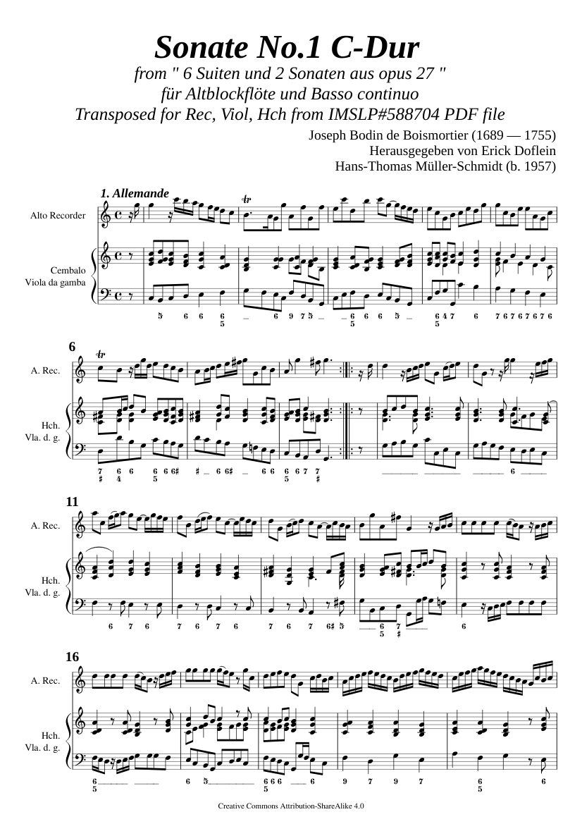 Boismortier, J. B. _ Recorder Sonata Op.27 No.1 C-Dur [Rec, Viol, Hch] Sheet music for ...