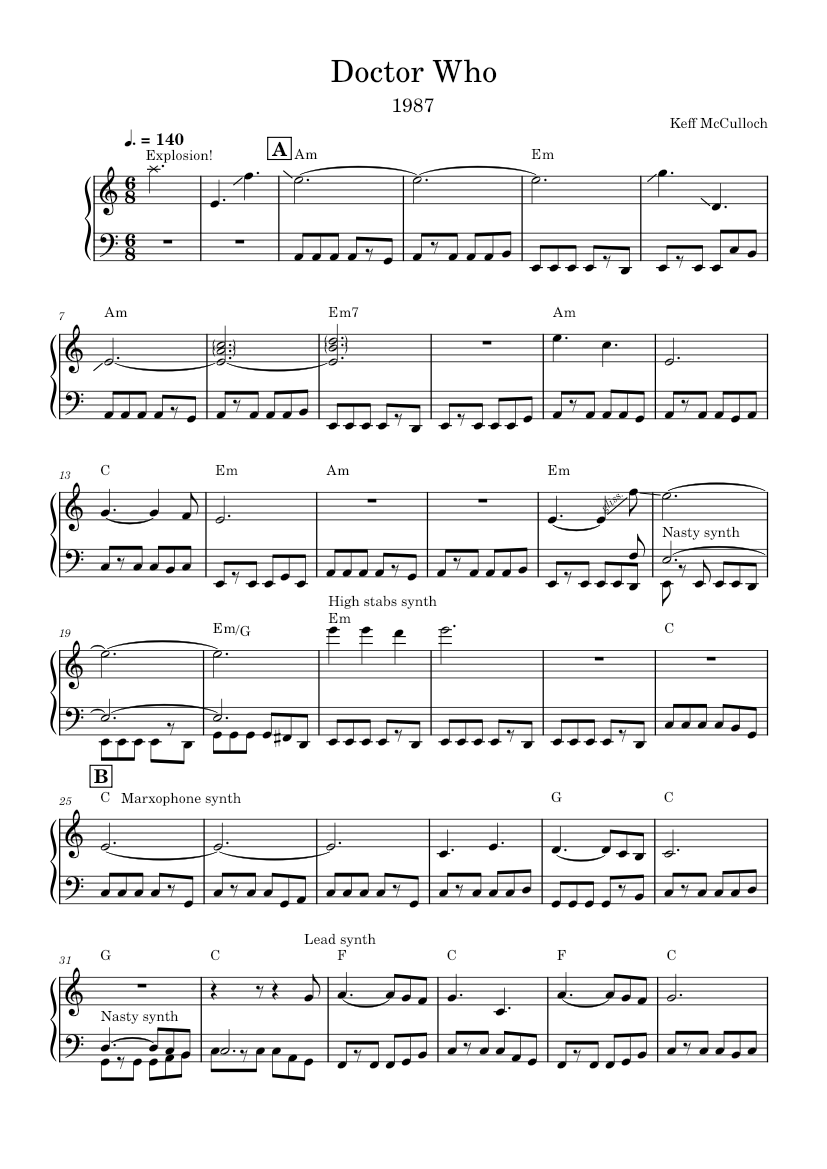 Doctor Who Intro - 1987 Sheet Music with Chords for Piano (Solo) easy ...