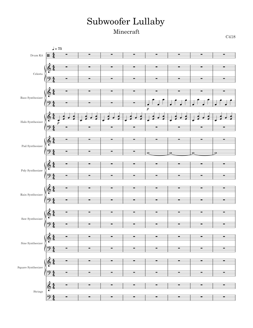 Subwoofer Lullaby - Minecraft - C418 Sheet Music for Celesta, Bass ...