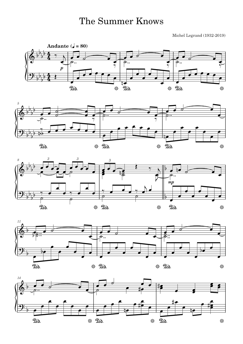 The Summer Knows - M. Legrand Sheet music for Piano (Solo) Easy | Musescore.com