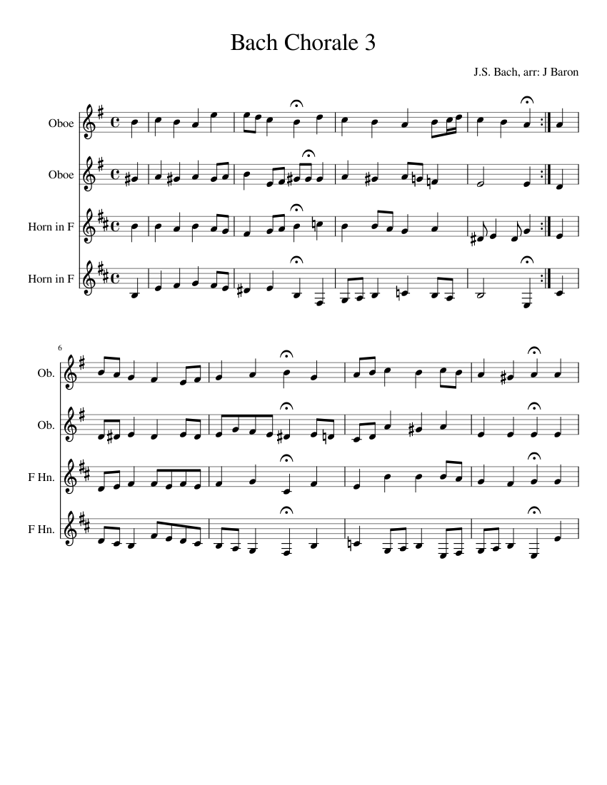 Bach Chorale 3 Sheet music for Oboe, French horn (Mixed Quartet) | Musescore.com