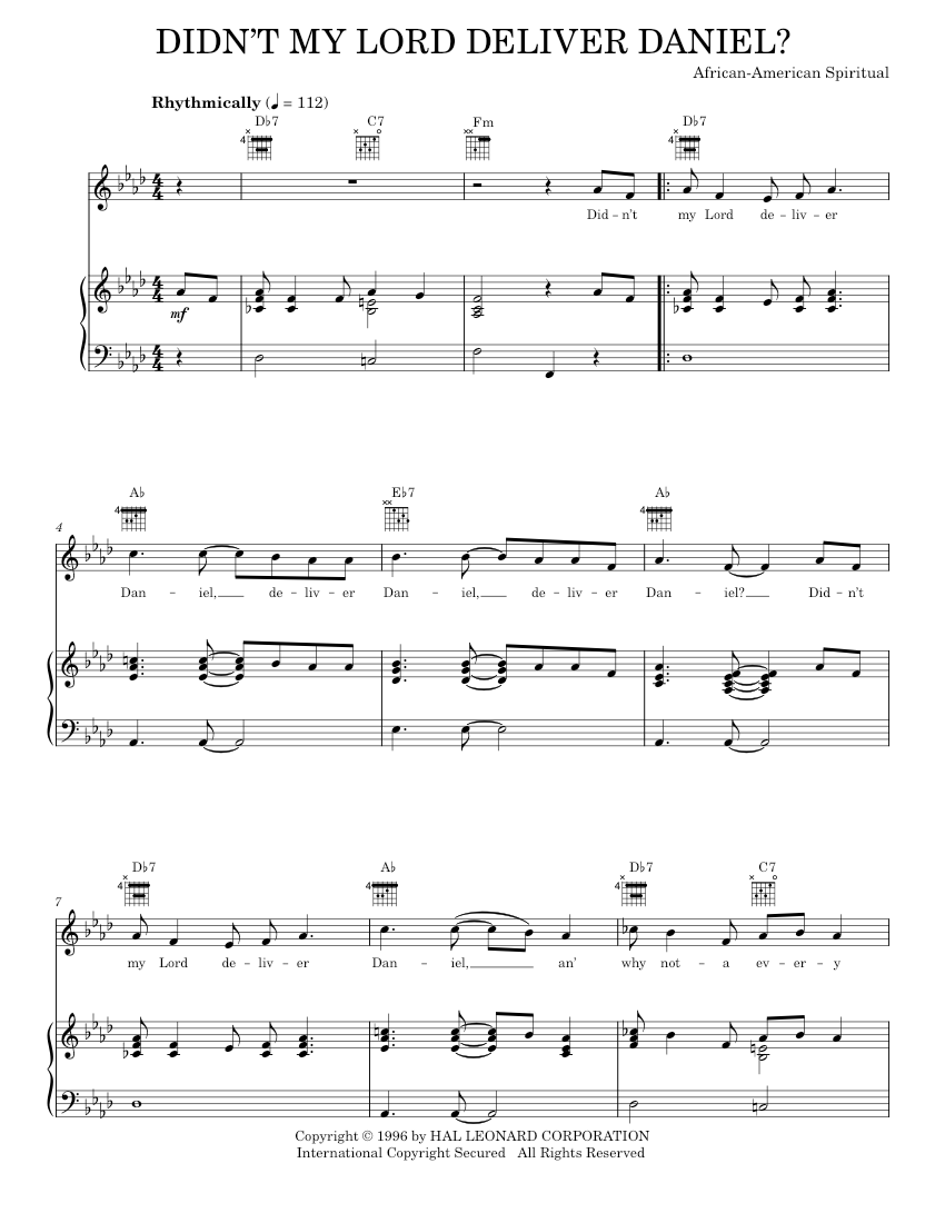 Didn't My Lord Deliver Daniel? Sheet music for Piano, Vocals by African ...