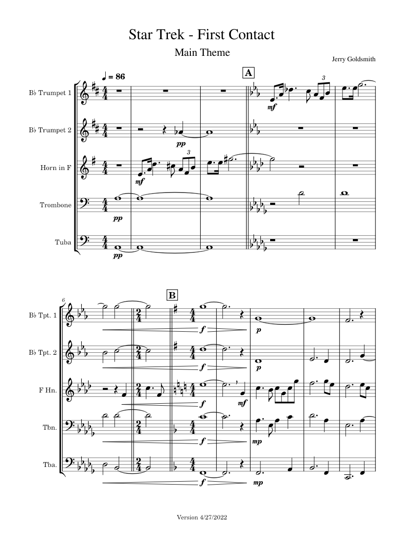 Star Trek - First Contact – Jerry Goldsmith Sheet music for Trombone, Tuba, Trumpet in b-flat ...