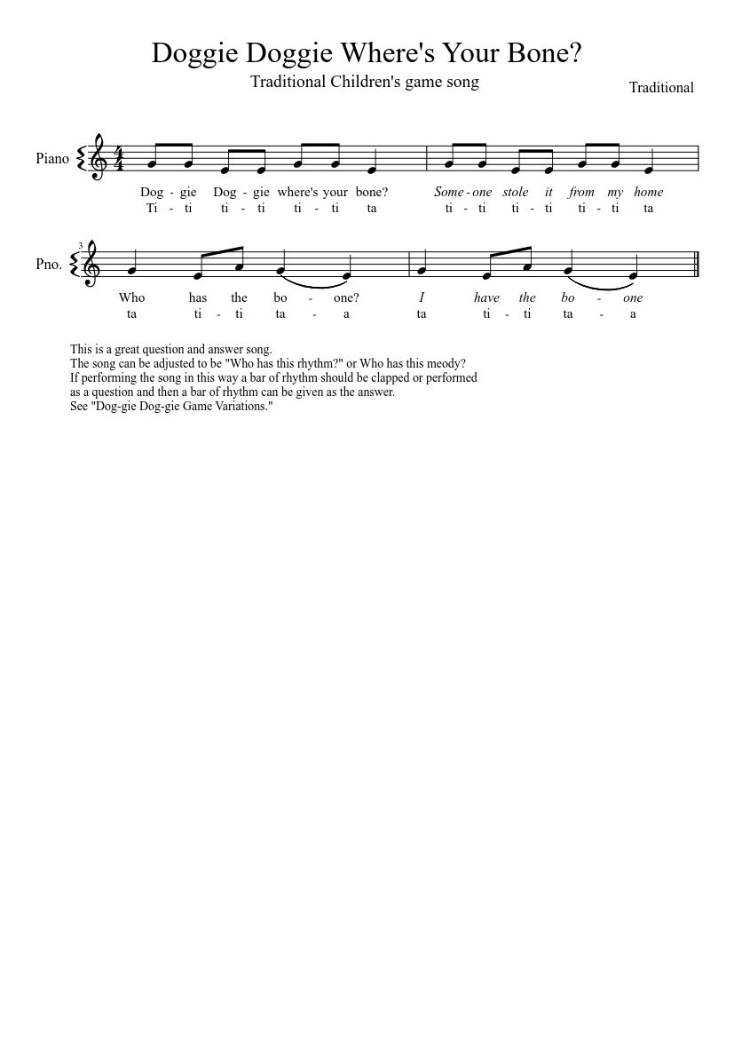 Doggie Doggie Where's Your Bone? Sheet Music for Piano (Solo ...