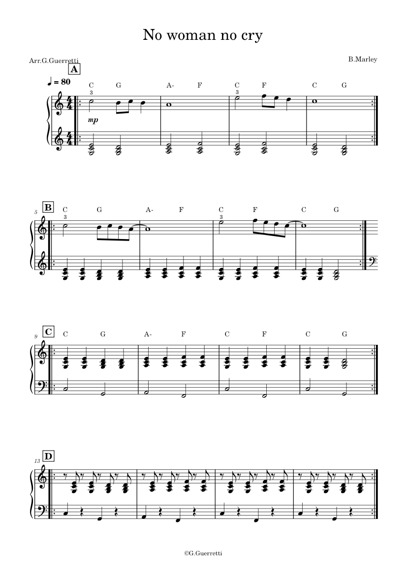 No woman no cry – Bob Marley Sheet Music with Chords for Piano (Solo ...