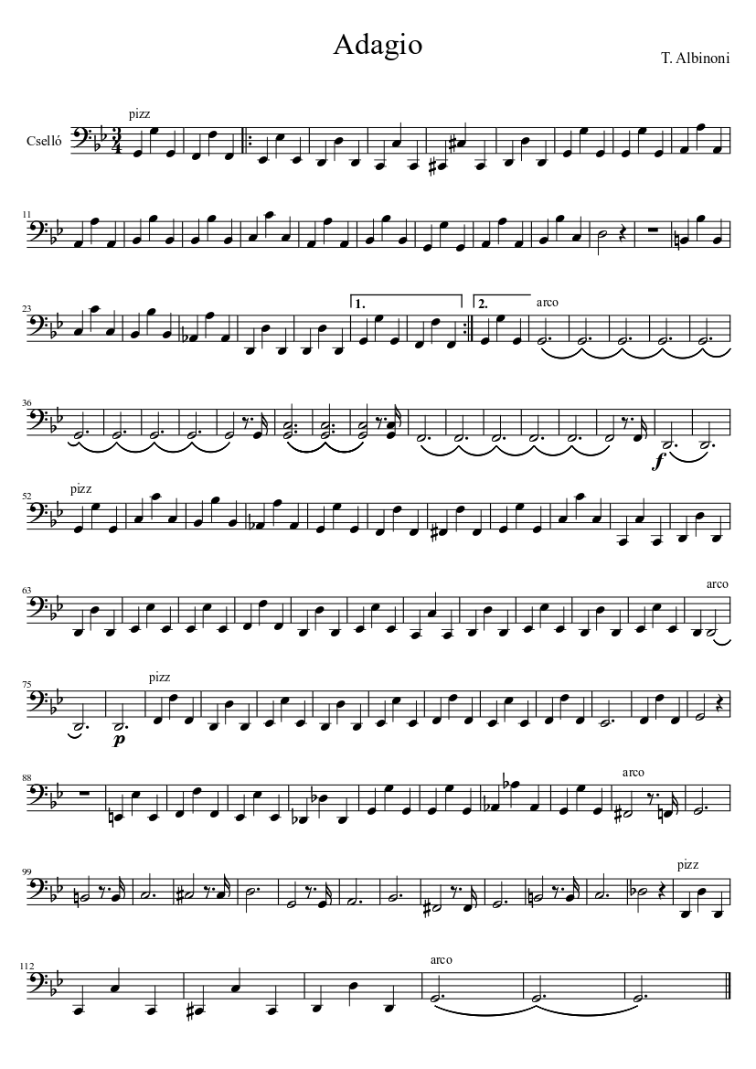 Albinoni Adagio in G minor Cello Sheet Music for Cello (Solo ...