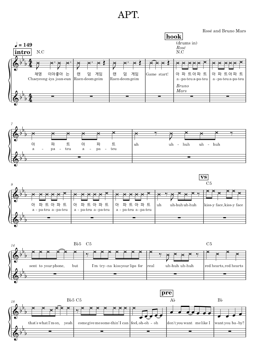 APT – Rosé (BLACKPINK) and Bruno Mars Sheet Music with Chords for Piano (Solo) Easy | MuseScore.com