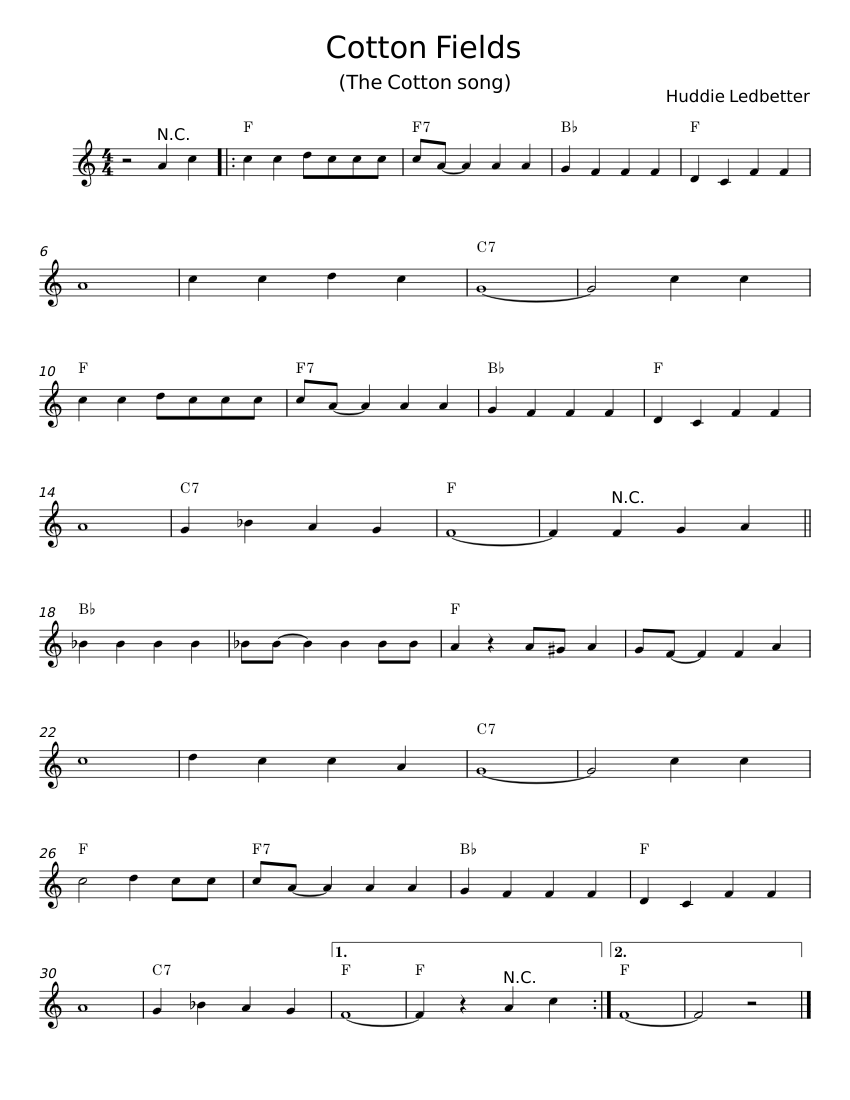 Cotton Fields - Huddie Ledbetter Sheet music for Synthesizer (Solo ...