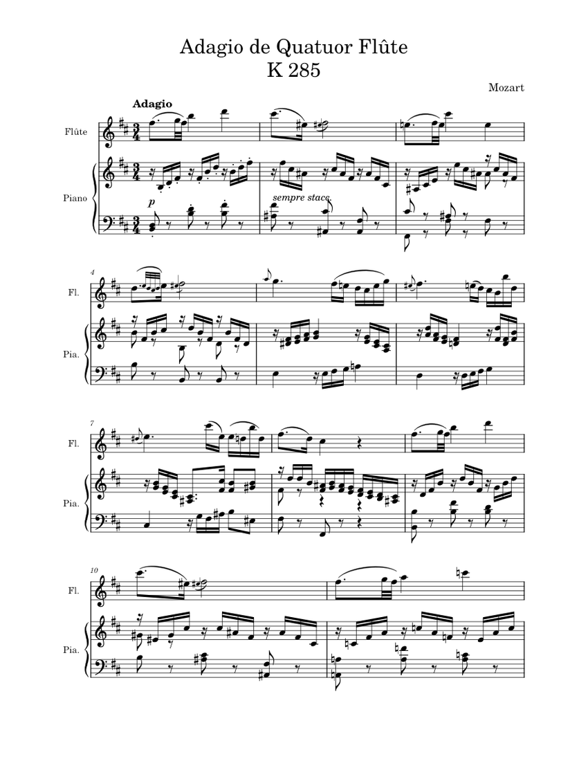 Flute Quartet in D major, KV 285, No. 2 – Wolfgang Amadeus Mozart Sheet ...