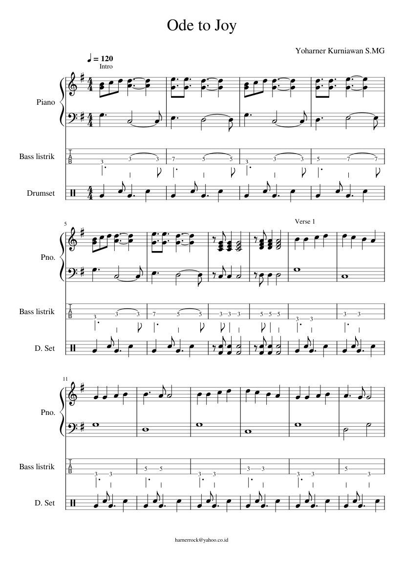 Ode to Joy Sheet Music and Tab for Piano, Bass guitar, Drum group ...