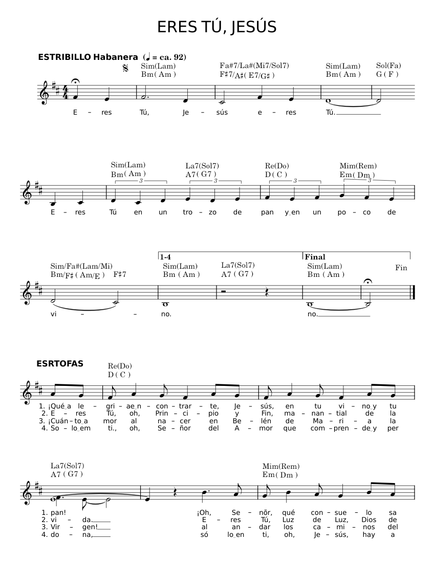 ERES TÚ, JESÚS Sheet Music with Chords for Piano (Solo) easy ...
