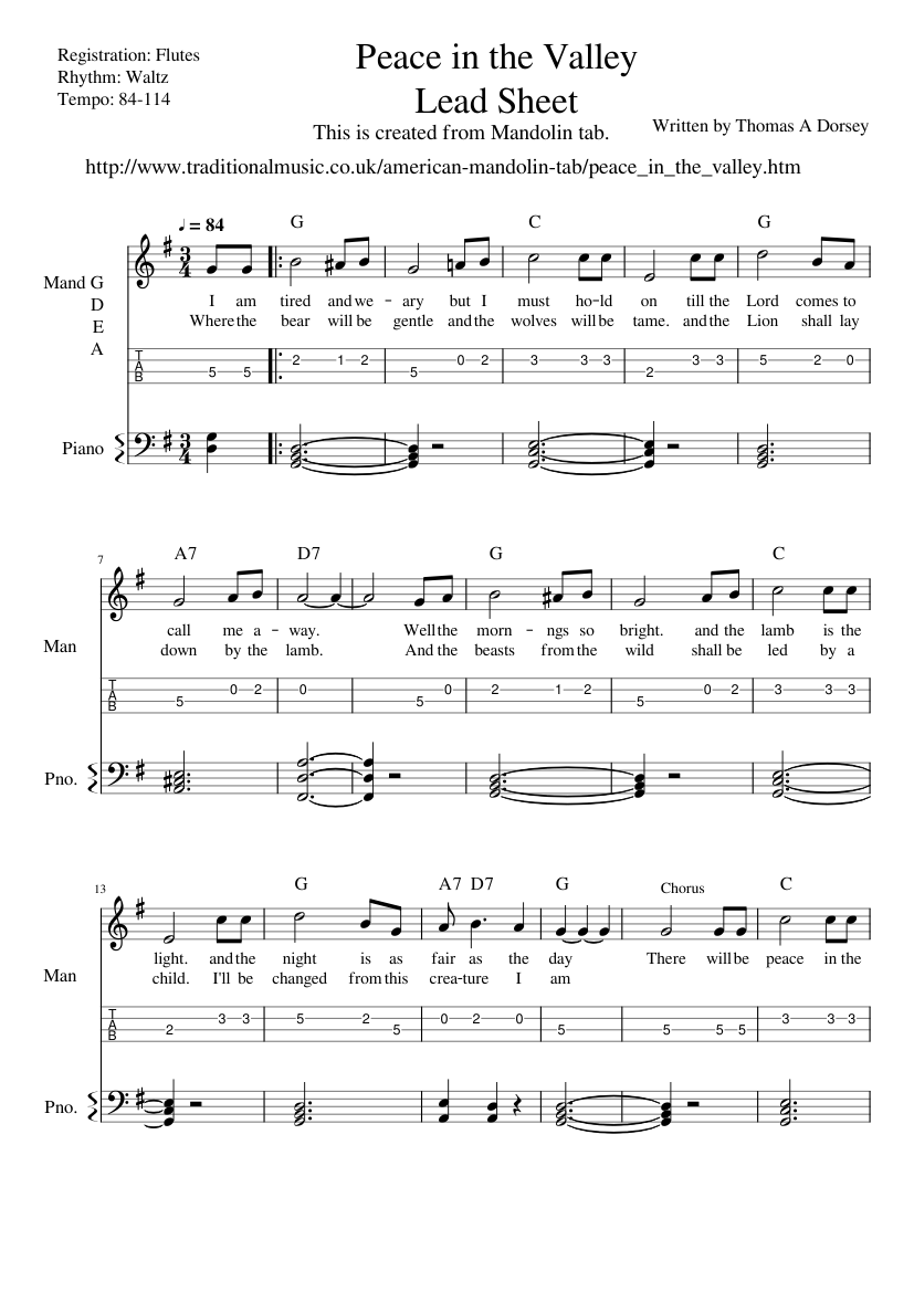 Peace in the valley Mandolin Sheet music for Piano, Mandolin (Mixed ...