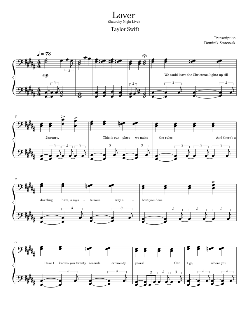 Lover (Saturday Night Live) - Taylor Swift Sheet Music for Piano (Solo ...
