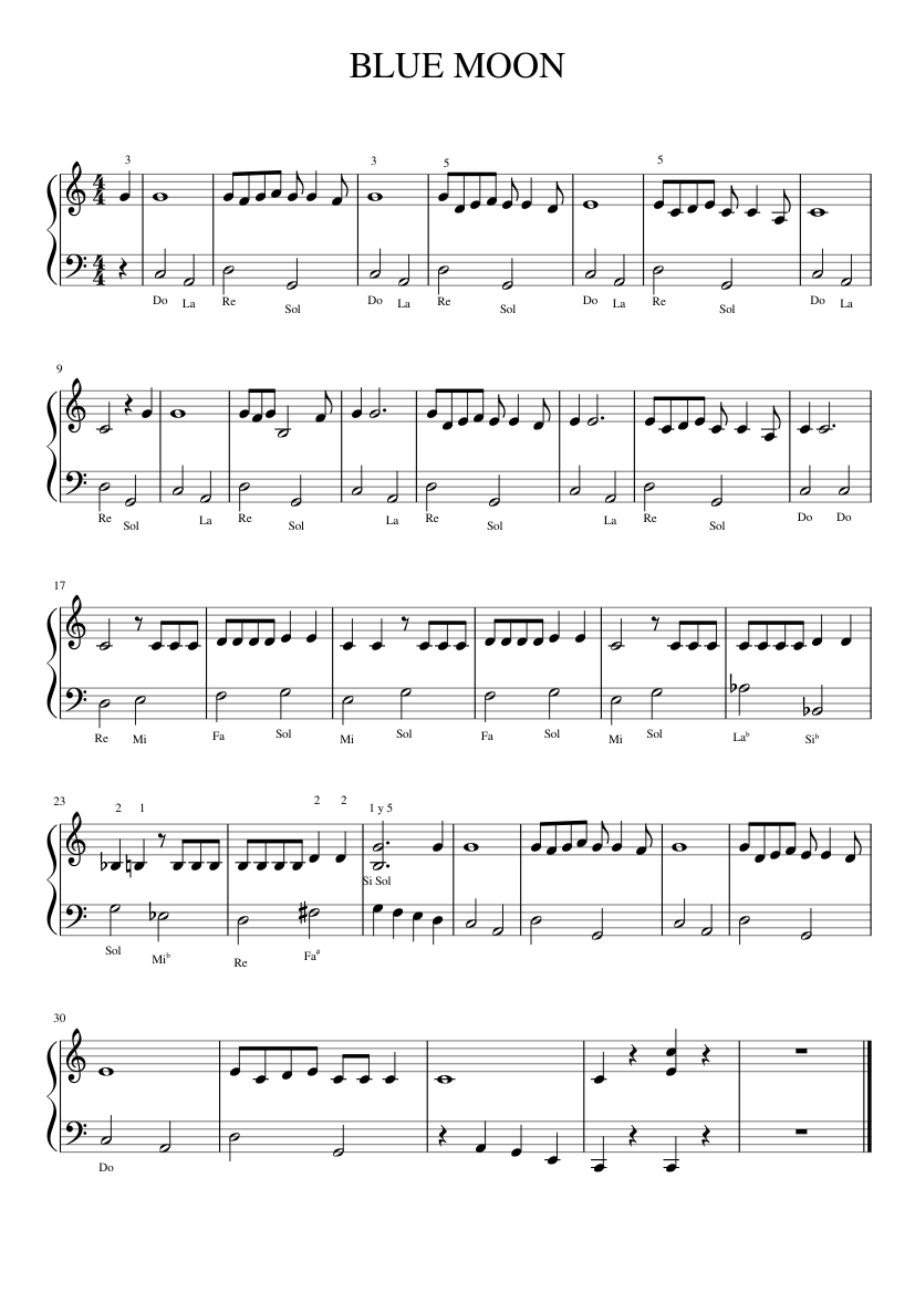 BLUE MOON Sheet music for Piano (Solo) Easy | Musescore.com
