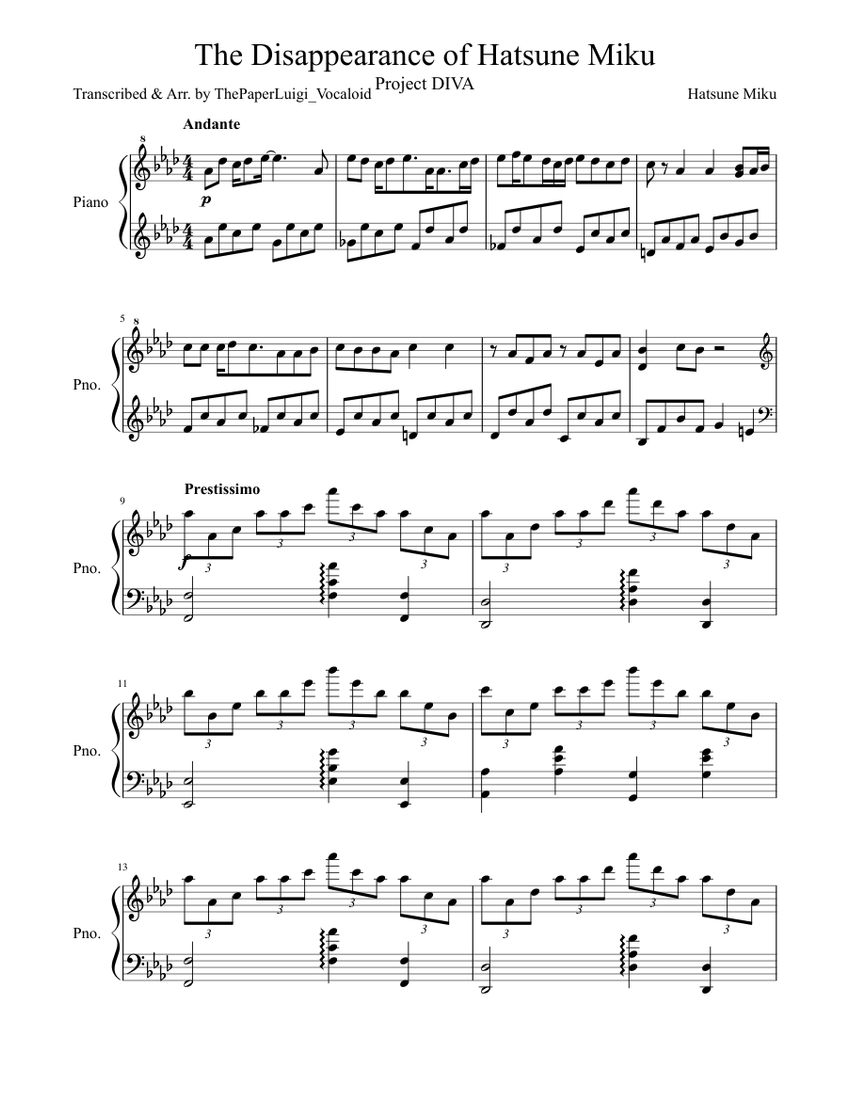 The Disappearance of Hatsune Miku Sheet music for Piano (Solo ...