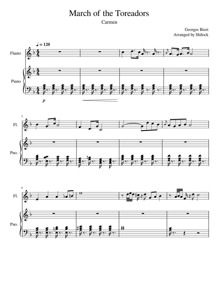 Carmen - March of the Toreadors Sheet music for Piano, Flute (Solo ...