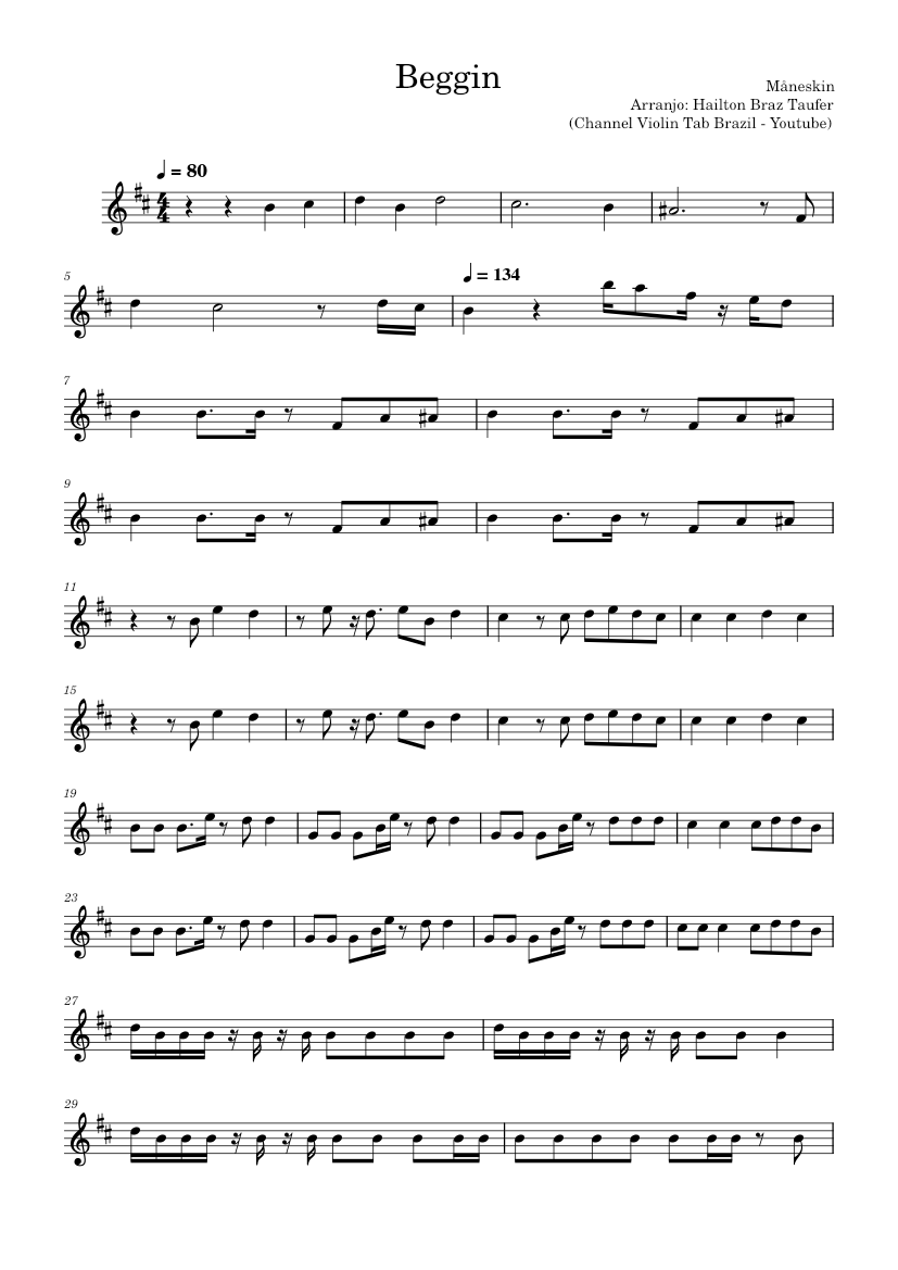 Beggin' – Måneskin (Channel Violin Tab - Youtube) Sheet music for ...