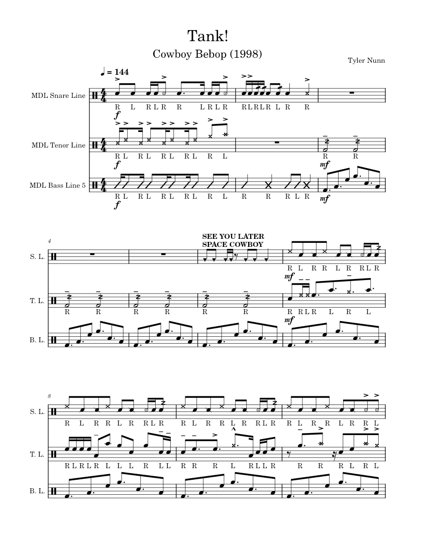 Cowboy bebop - tank – Misc Soundtrack Tank! Sheet Music for Snare drum ...