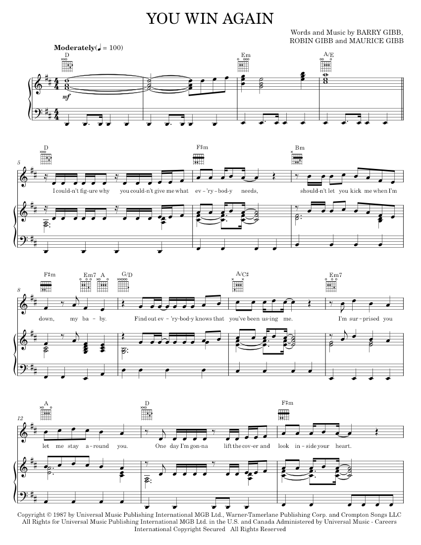 you win again Sheet music for Piano, Vocals by Bee Gees Official ...