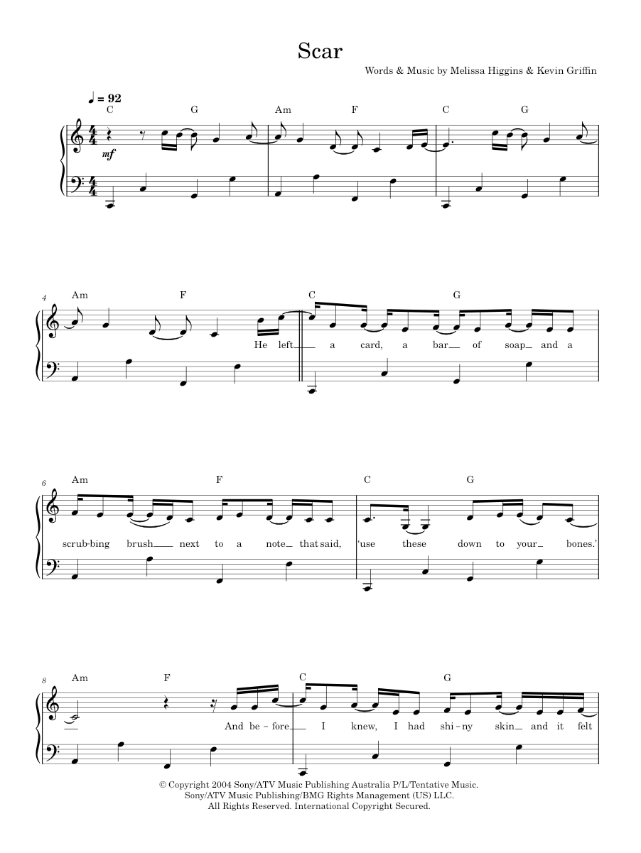 Play Official version of Scar Sheet Music by Missy Higgins for Piano ...