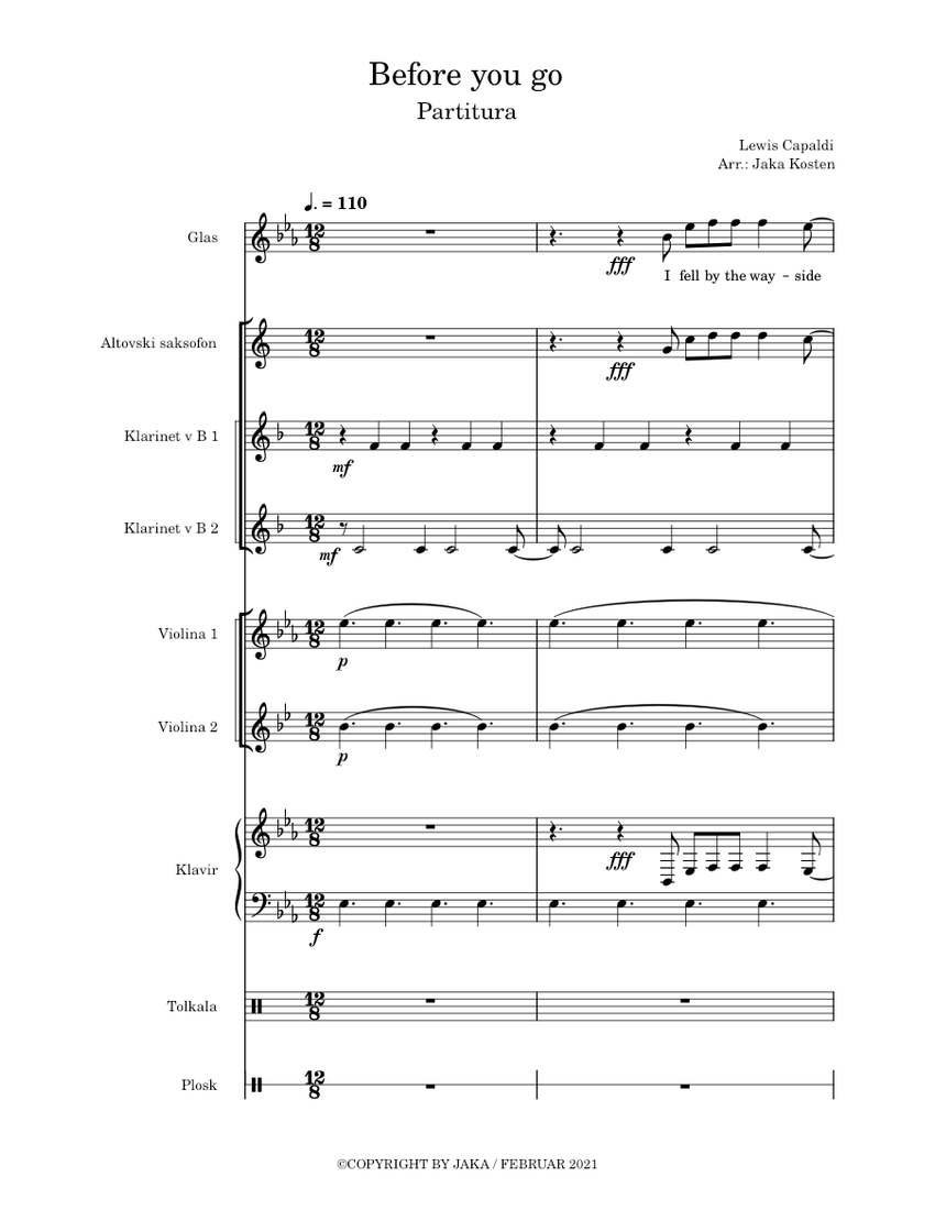 Before you go- Lewis Capaldi Sheet music for Piano, Vocals, Clarinet in ...